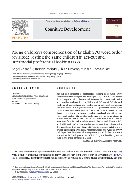 (PDF) Young children's comprehension of English SVO word order ...