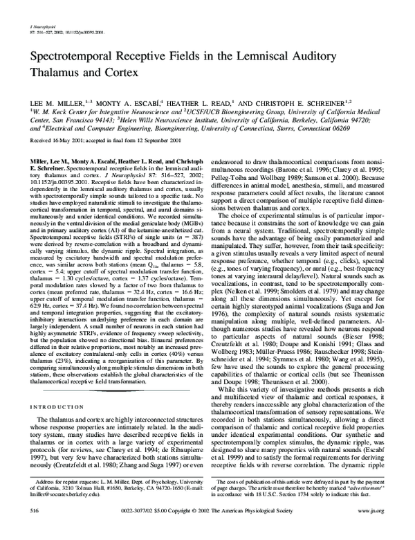 (PDF) Spectrotemporal receptive fields in the lemniscal auditory thalamus and cortex