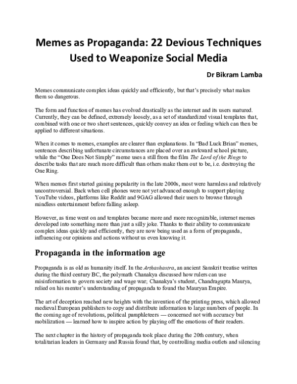 (DOC) Memes as Propaganda: 22 Devious Techniques Used to Weaponize ...