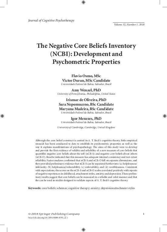 (PDF) The Negative Core Beliefs Inventory: Development and Psychometric ...