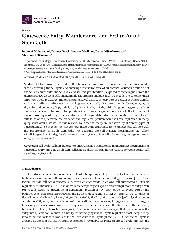 (PDF) Quiescence Entry, Maintenance, and Exit in Adult Stem Cells