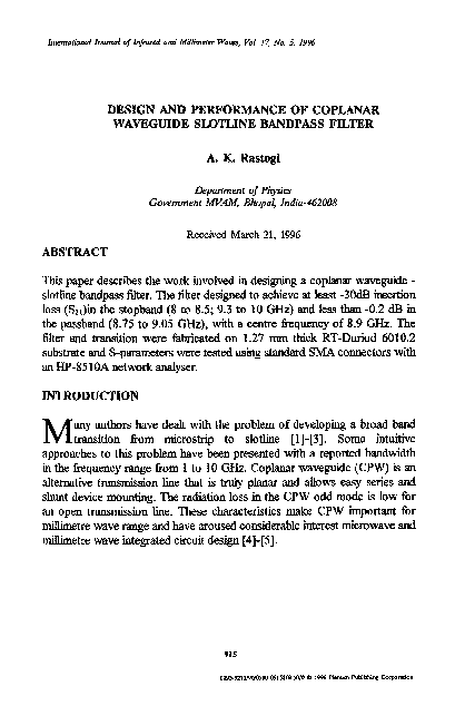 (PDF) Coplanar Waveguide Slotline Bandpass Filter