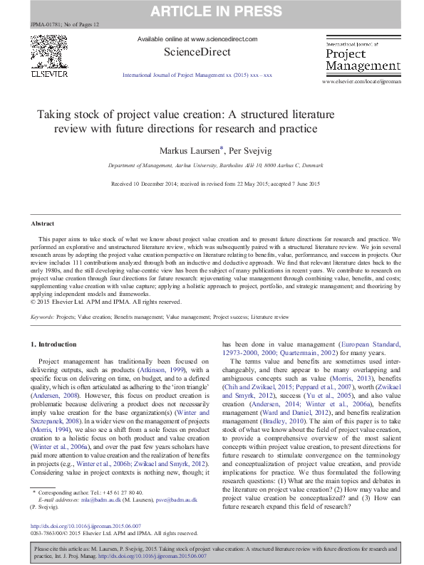 (PDF) Taking stock of project value creation: A structured literature ...