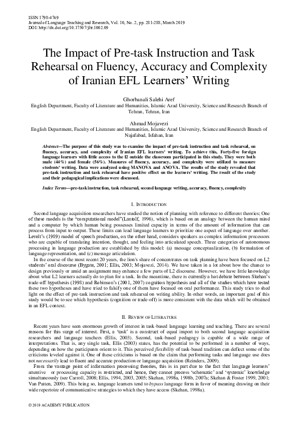 (PDF) The Impact of Pre-task Instruction and Task Rehearsal on Fluency, Accuracy and Complexity ...