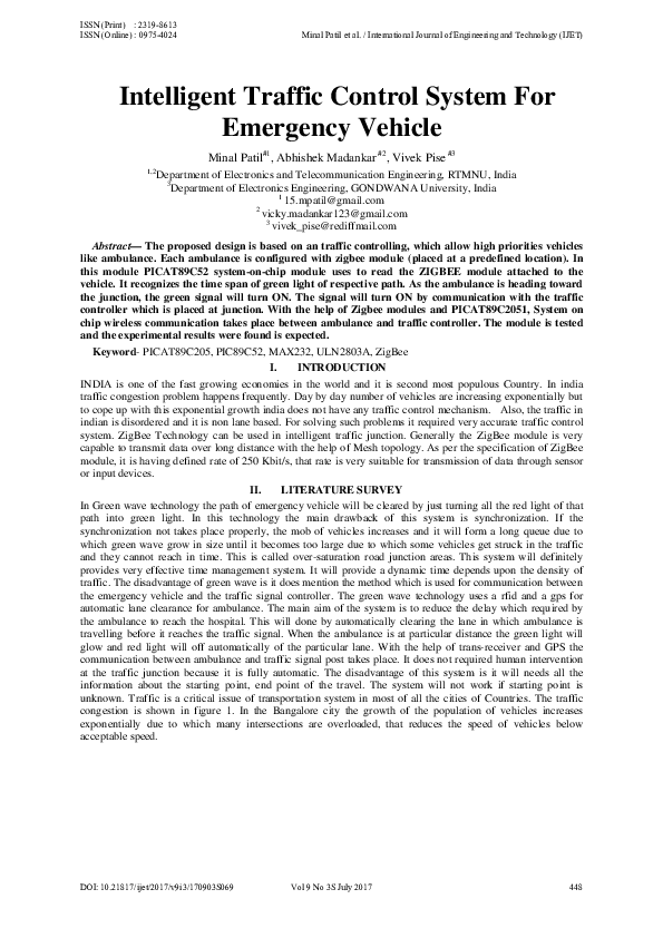 (PDF) Intelligent Traffic Control System For Emergency Vehicle