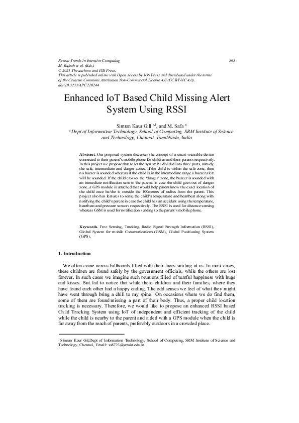 (PDF) Enhanced IoT Based Child Missing Alert System Using RSSI