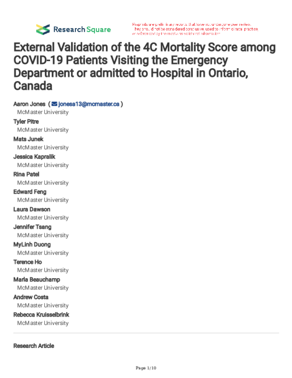(PDF) External Validation of the 4C Mortality Score among COVID-19 ...