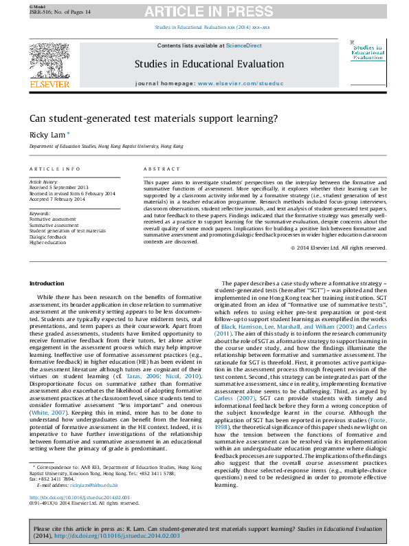 (PDF) Can student-generated test materials support learning?