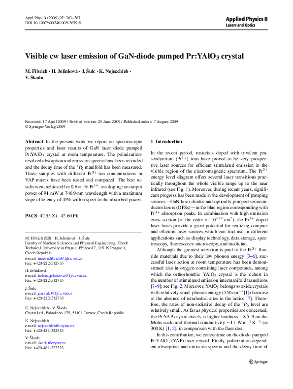 (PDF) Visible cw laser emission of GaN-diode pumped Pr:YAlO3 crystal