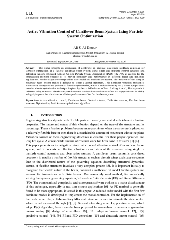 (PDF) Active Vibration Control of Cantilever Beam System Using Particle Swarm Optimization