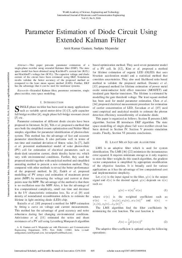 (PDF) Parameter Estimation Of Diode Circuit Using Extended Kalman Filter