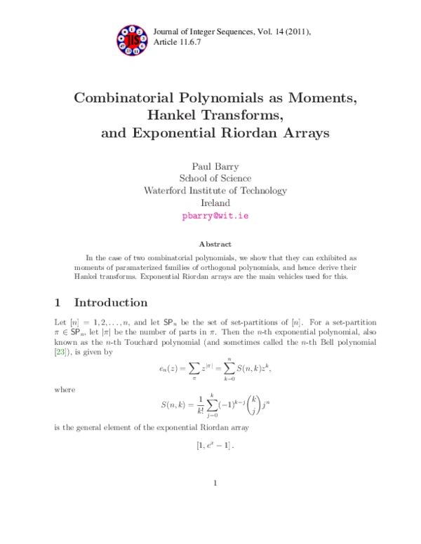(PDF) Combinatorial Polynomials as Moments, Hankel Transforms, and Exponential Riordan Arrays