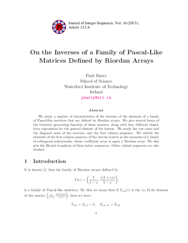 (PDF) On the Inverses of a Family of Pascal-Like Matrices Defined by Riordan Arrays