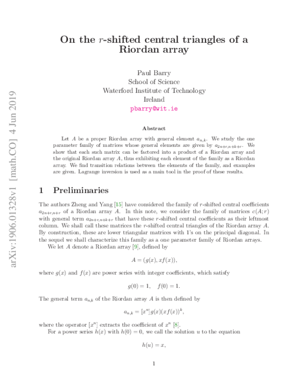 (PDF) On the r-shifted central triangles of a Riordan array