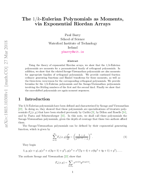 (PDF) The 1/k-Eulerian Polynomials as Moments, via Exponential Riordan Arrays