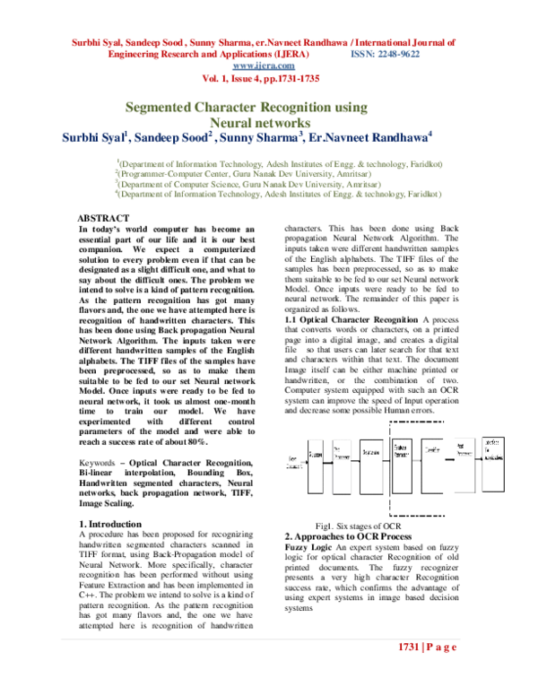 Pdf Segmented Character Recognition Using Neural Networks