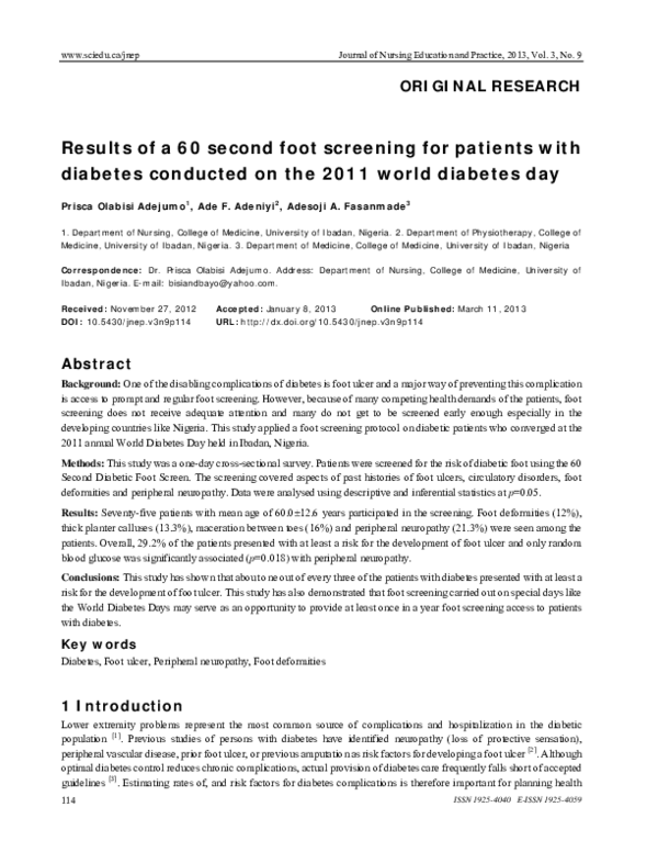 (PDF) ORIGINAL RESEARCH Results of a 60 second foot screening for ...