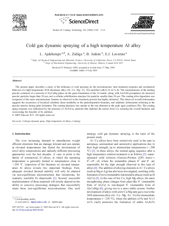 (PDF) Cold gas dynamic spraying of a high temperature Al alloy