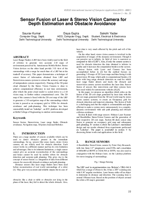 (PDF) Sensor Fusion of Laser & Stereo Vision Camera for Depth ...