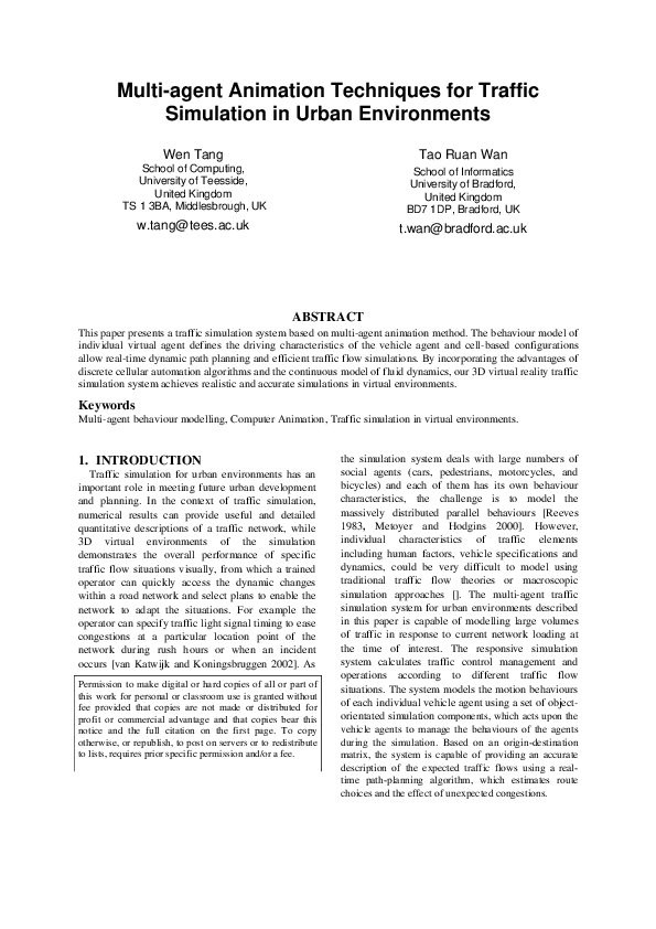 (PDF) Multi-agent Animation Techniques for Traffic Simulation in Urban Environments