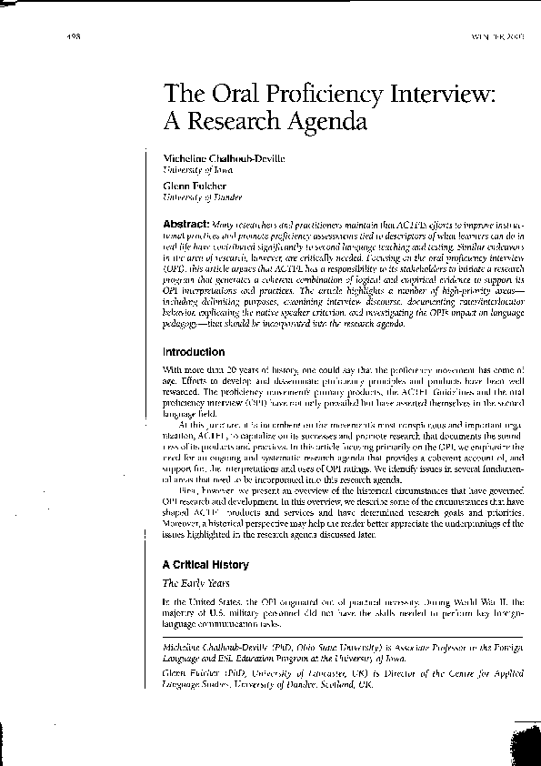 (PDF) The Oral Proficiency Intenriew : A Research Ag . nda