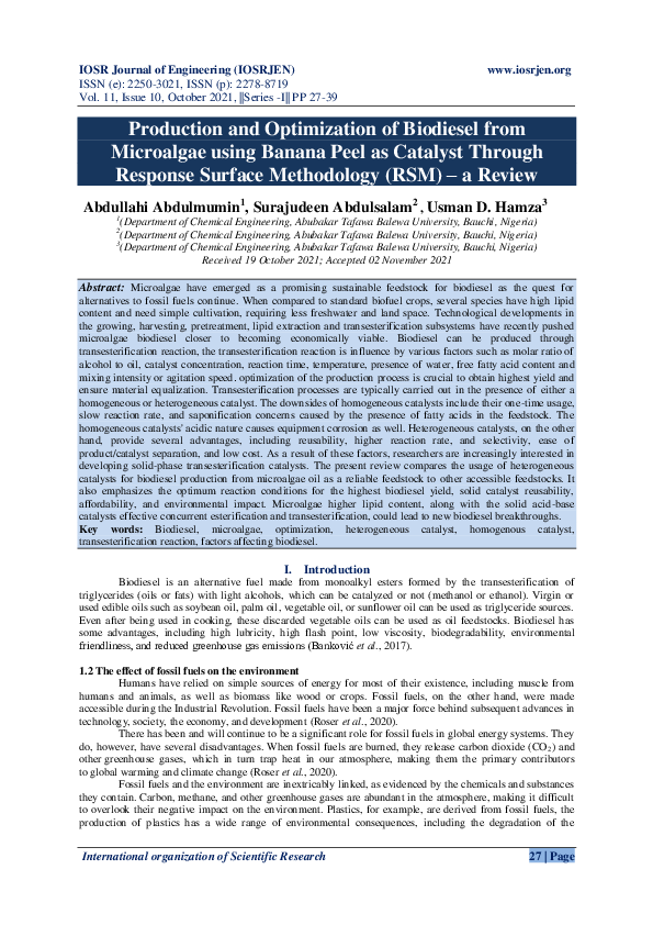 (PDF) Production and Optimization of Biodiesel from Microalgae using Banana Peel as Catalyst ...
