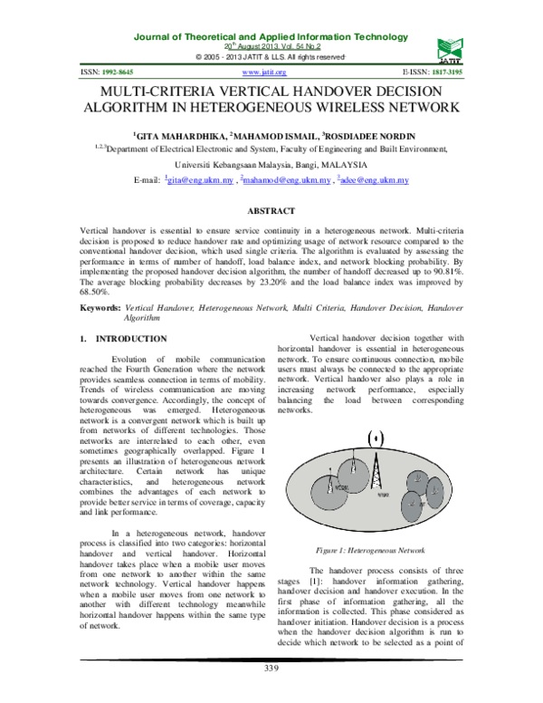 (PDF) Multi-criteria vertical handover decision algorithm in heterogeneous wireless network