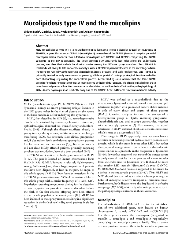 (PDF) Mucolipidosis type IV and the mucolipins