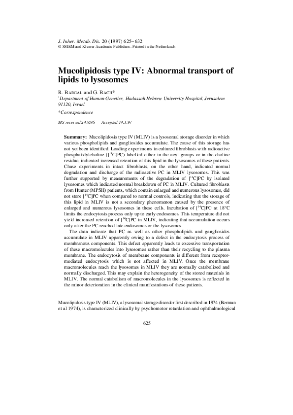 (PDF) Mucolipidosis type IV: Abnormal transport of lipids to lysosomes