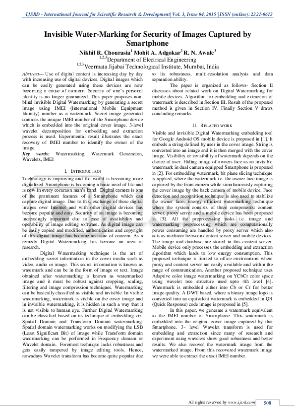 (PDF) Invisible Water-Marking for Security of Images Captured by Smartphone