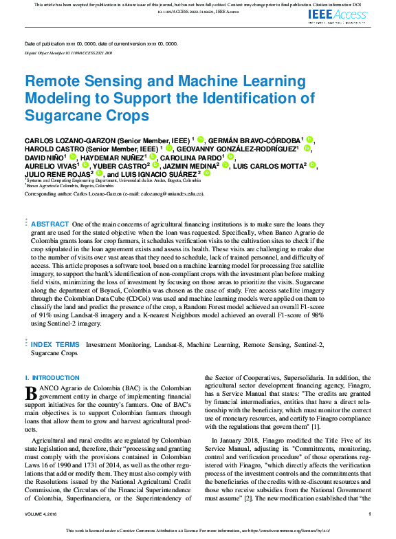Pdf Remote Sensing And Machine Learning Modeling To Support The Identification Of Sugarcane Crops