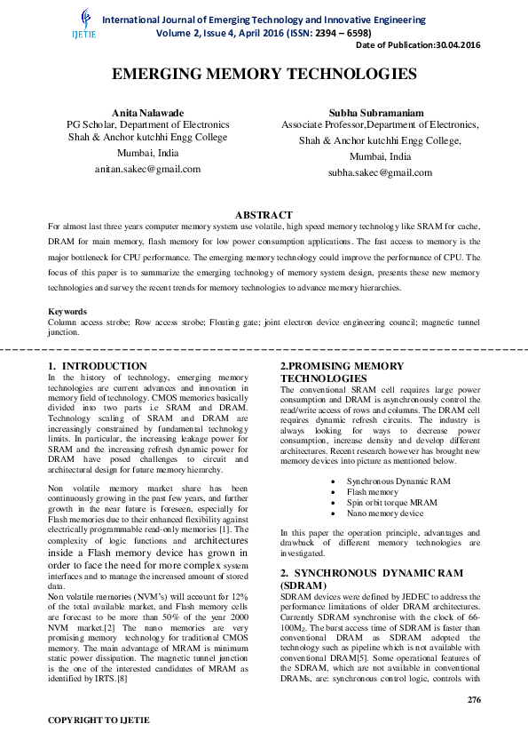 (PDF) Emerging Memory Technologies