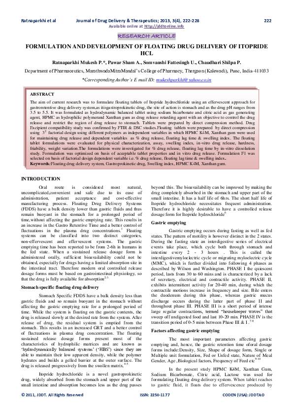 Pdf Formulation And Development Of Floating Drug Delivery System Of An Anti Ulcer Drug