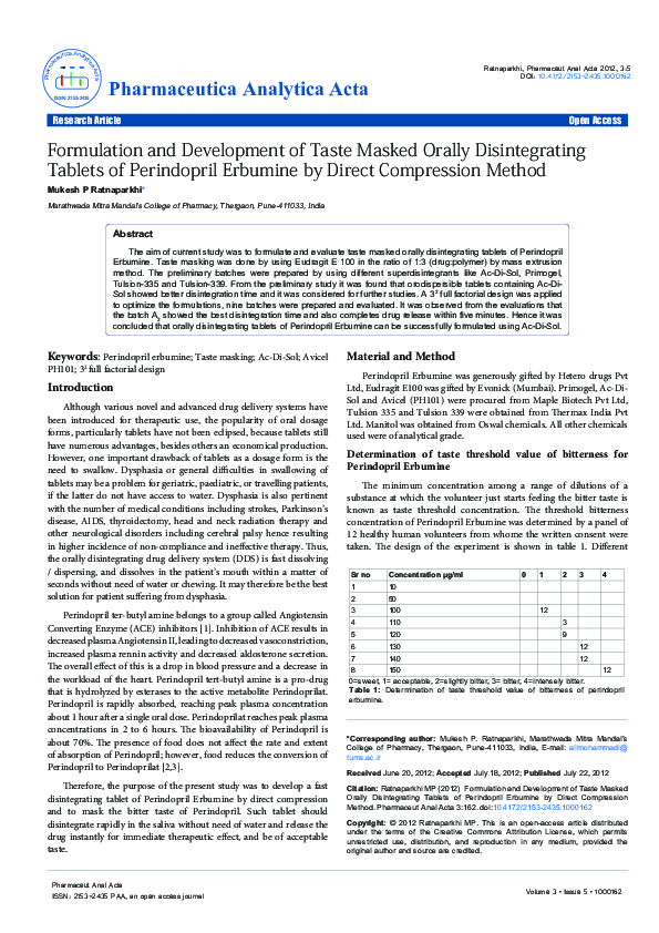 (PDF) Formulation and Development of Taste Masked Orally Disintegrating ...