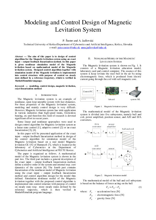 (PDF) Modeling and control design of Magnetic levitation system
