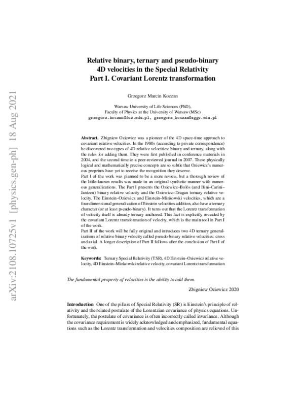 Pdf Relative Binary Ternary And Pseudo Binary 4d Velocities In The Special Relativity Part I