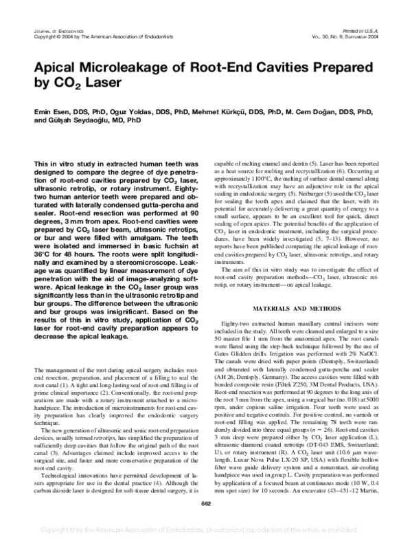 (PDF) Apical Microleakage of Root-End Cavities Prepared by CO2 Laser ...