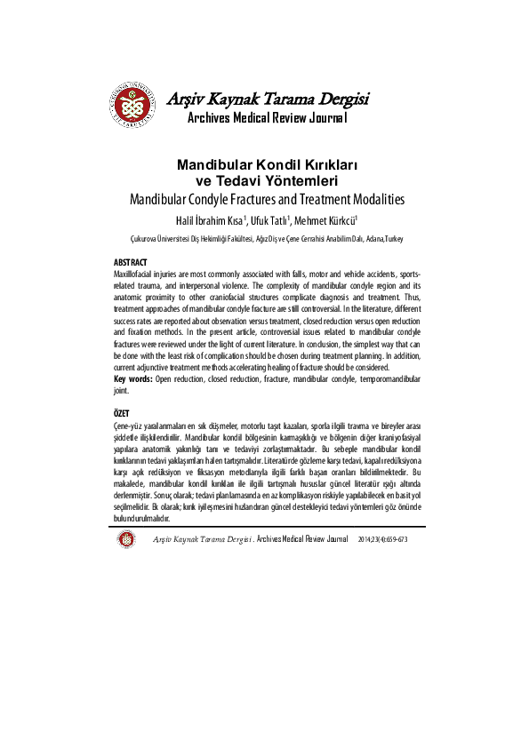 (PDF) Mandibular Kondil Kırıkları ve Tedavi Yöntemleri
