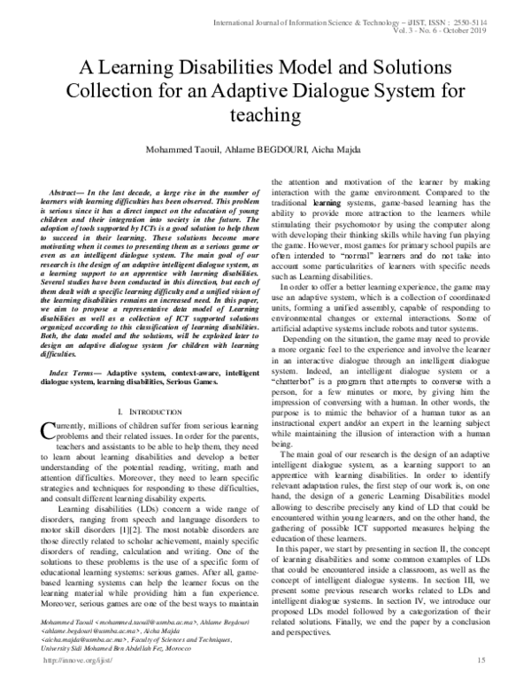 (PDF) A Learning Disabilities Model and Solutions Collection for an Adaptive Dialogue System for ...