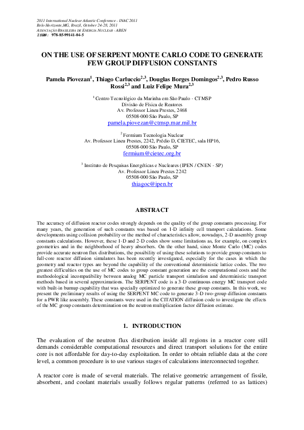 (PDF) On the Use of Serpent Monte Carlo Code to Generate Few Group ...