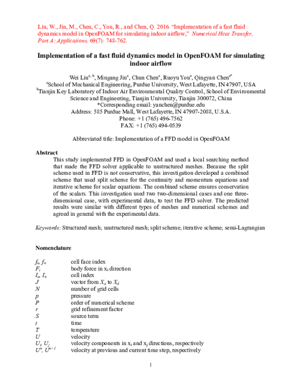(PDF) Implementation of a fast fluid dynamics model in OpenFOAM for simulating indoor airflow
