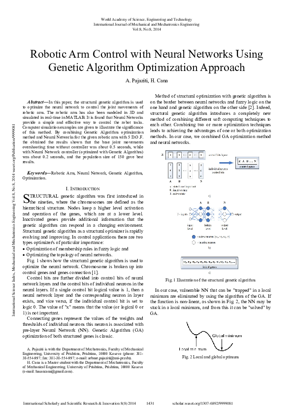Pdf Robotic Arm Control With Neural Networks Using Genetic Algorithm