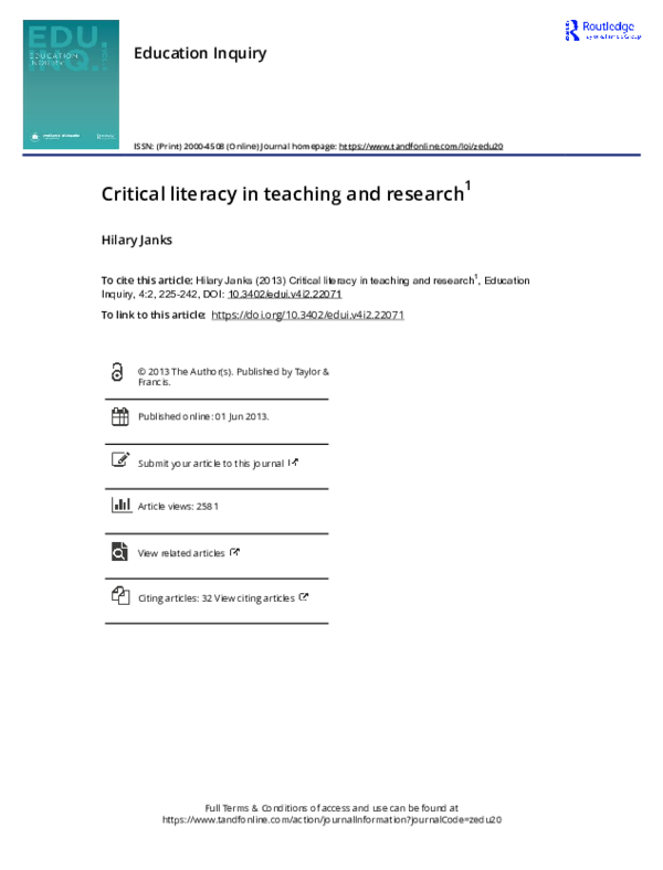 (PDF) Critical literacy in teaching and research 1