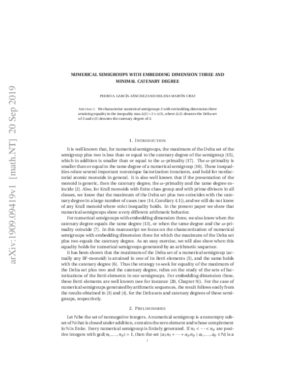 (PDF) Numerical semigroups with embedding dimension three and minimal catenary degree