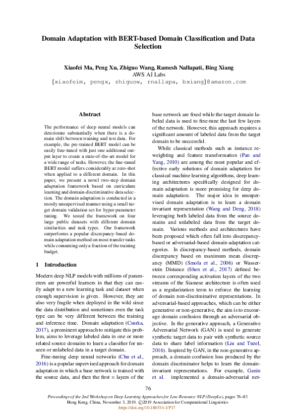 (PDF) Domain Adaptation with BERT-based Domain Classification and Data Selection