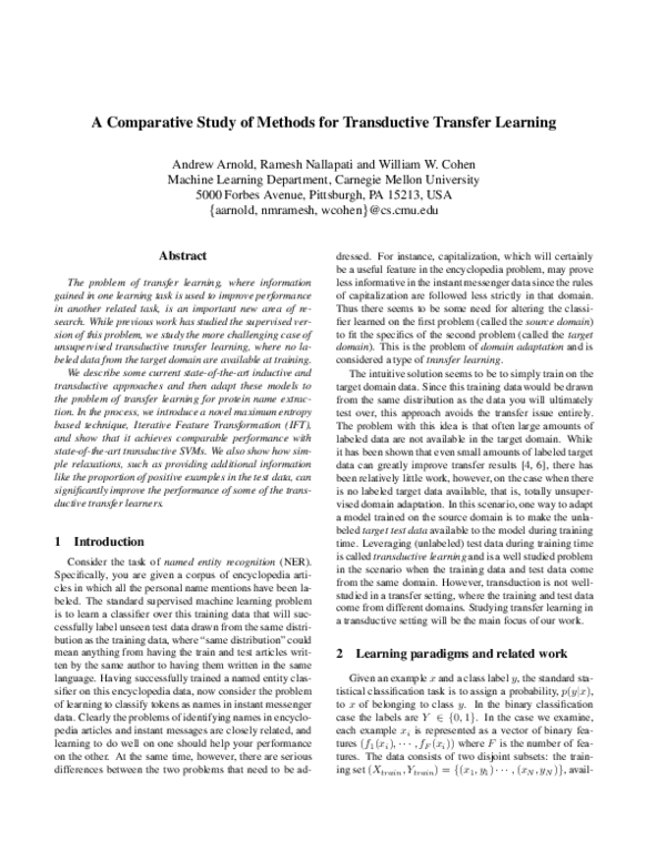 (PDF) A Comparative Study of Methods for Transductive Transfer Learning