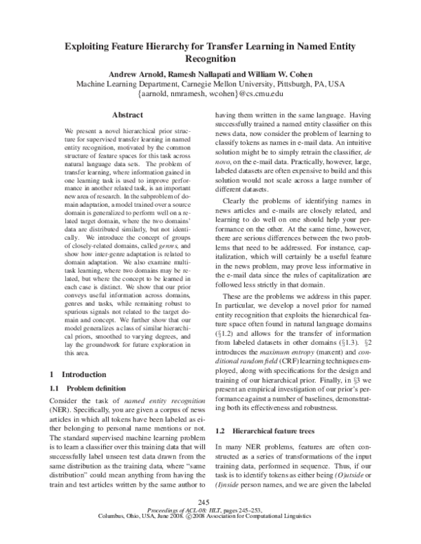 Pdf Exploiting Feature Hierarchy For Transfer Learning In Named Entity Recognition Ramesh