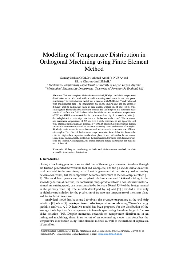 Pdf Modelling Of Temperature Distribution In Orthogonal Machining Using Finite Element Method