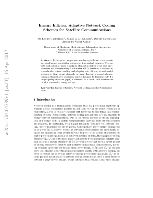(PDF) Energy Efficient Adaptive Network Coding Schemes for Satellite Communications