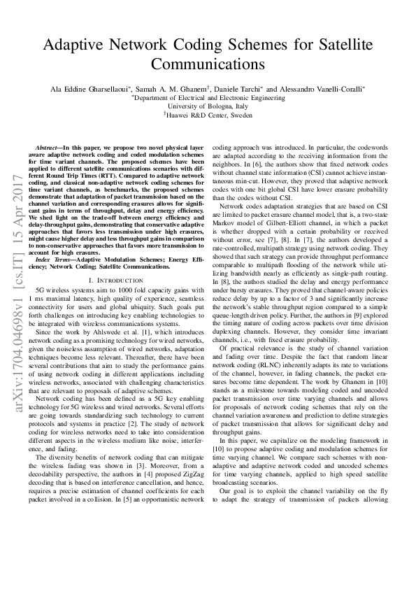 Pdf I T ] 1 5 A Pr 2 01 7 Adaptive Network Coding Schemes For Satellite Communications